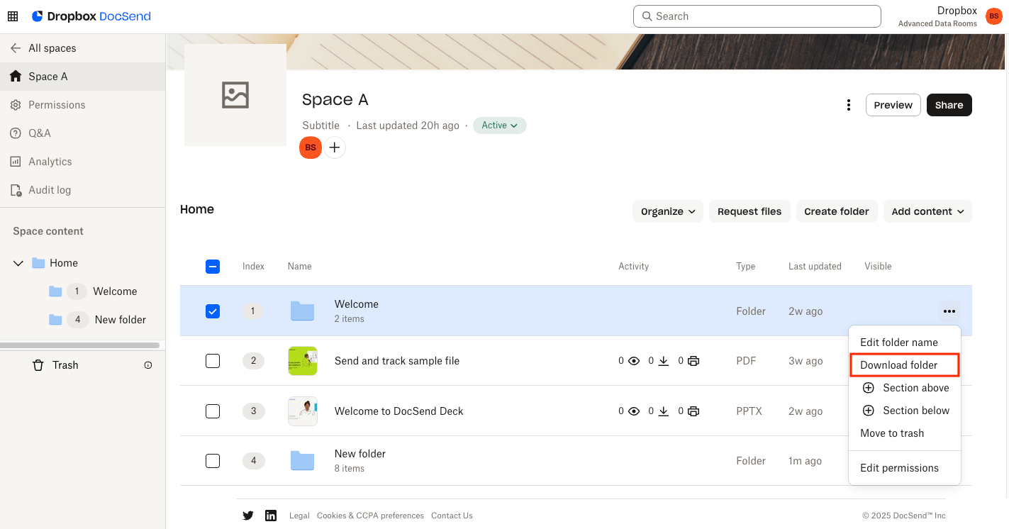 Manage content in a Space (data room) – DocSend Help Center